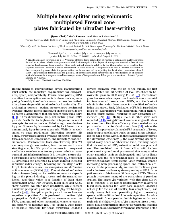 (PDF) Multiple beam splitter using volumetric multiplexed Fresnel zone ...