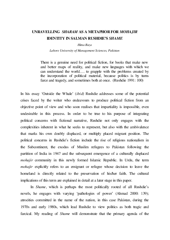 (PDF) UNRAVELLING SHARAM AS A METAPHOR FOR MOHAJIR IDENTITY IN SALMAN ...