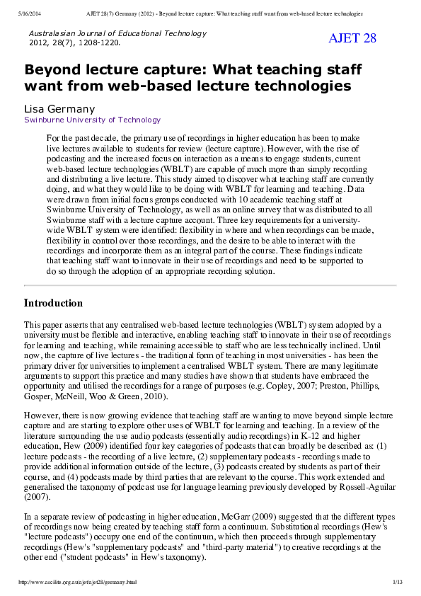 Pdf Beyond Lecture Capture What Teaching Staff Want From Web Based