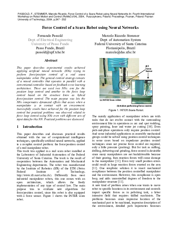 Pdf Force Control Of A Scara Robot Using Neural Networks