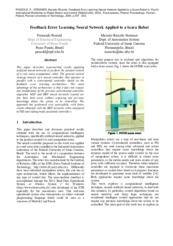(PDF) Feedback error learning neural network applied to a scara robot