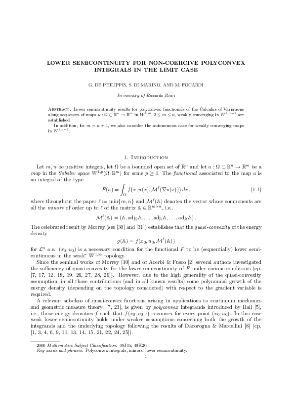 (PDF) Lower semicontinuity for non-coercive polyconvex integrals in the limit case