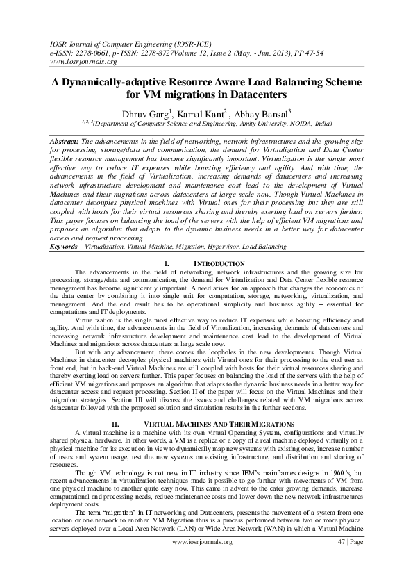 Pdf A Dynamically Adaptive Resource Aware Load Balancing Scheme For Vm Migrations In Datacenters