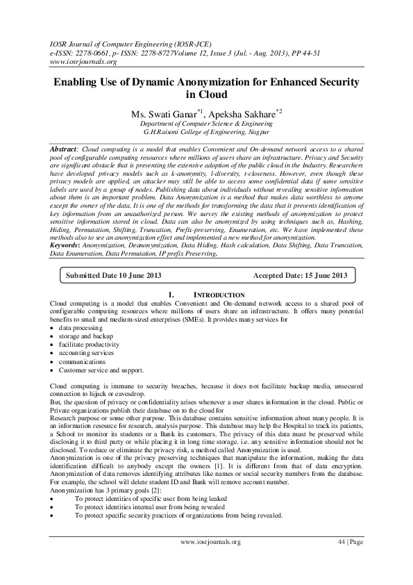 (PDF) Enabling Use of Dynamic Anonymization for Enhanced Security in Cloud