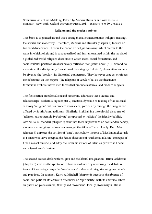 (PDF) Secularism & Religion-Making, Edited by Markus Dressler and ...