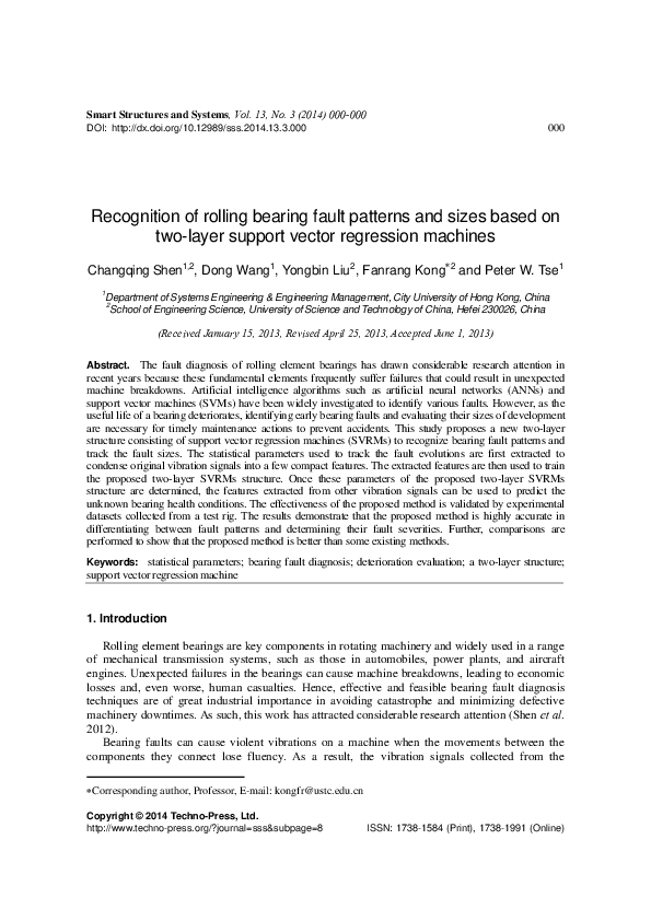 (PDF) Recognition of rolling bearing fault patterns and sizes based on two-layer support vector ...