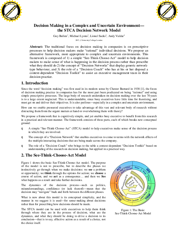 (PDF) Decision Making in a Complex and Uncertain Environment— the STCA Decision Network Model