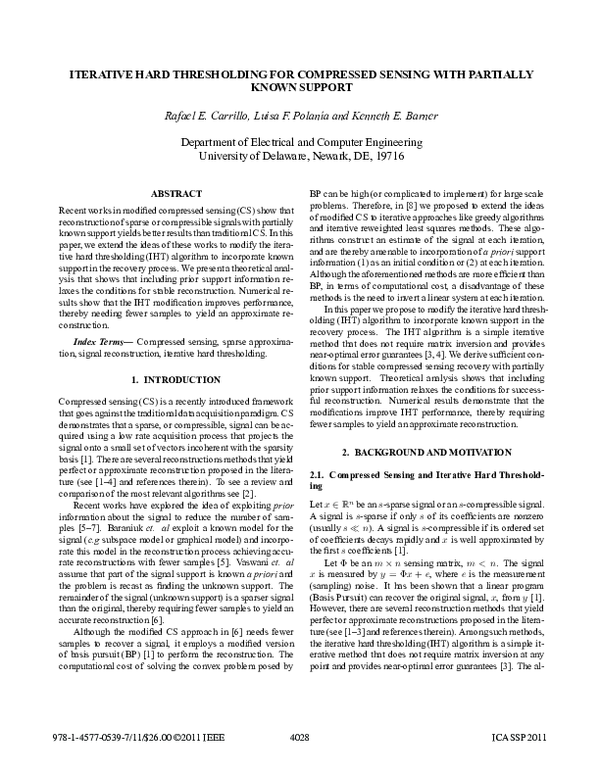 Pdf Iterative Hard Thresholding For Compressed Sensing With Partially Known Support 