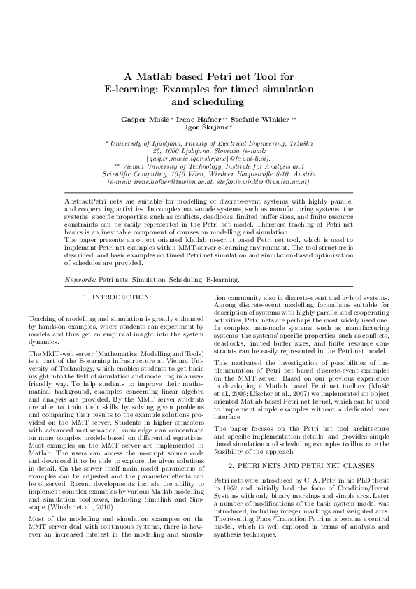 (PDF) A Matlab based Petri net Tool for E-learning: Examples for timed simulation and scheduling
