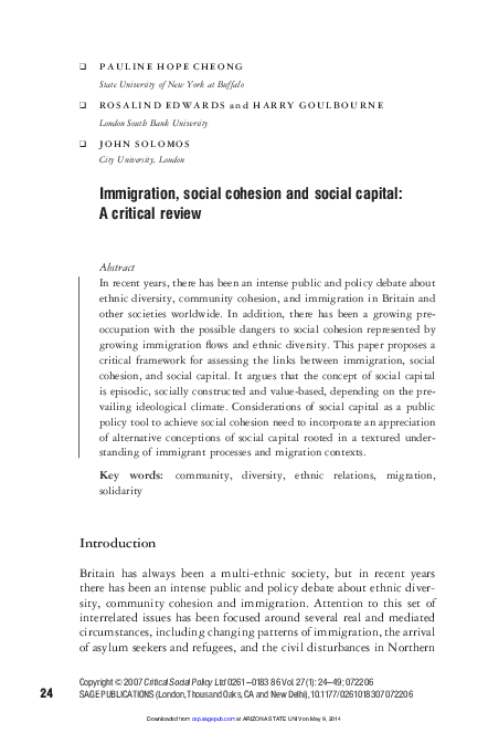 (PDF) Immigration, social cohesion and social capital: A critical ...