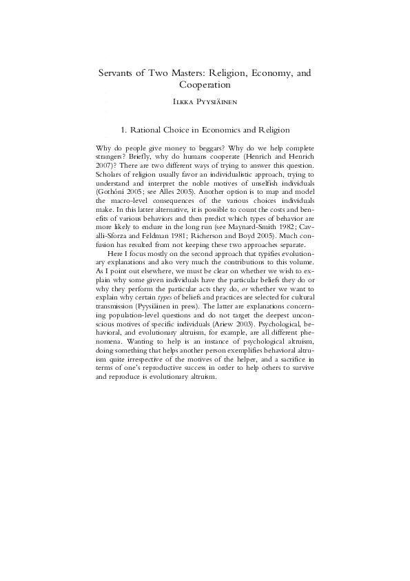 (PDF) Servants of Two Masters: Religion, Economy, and Cooperation