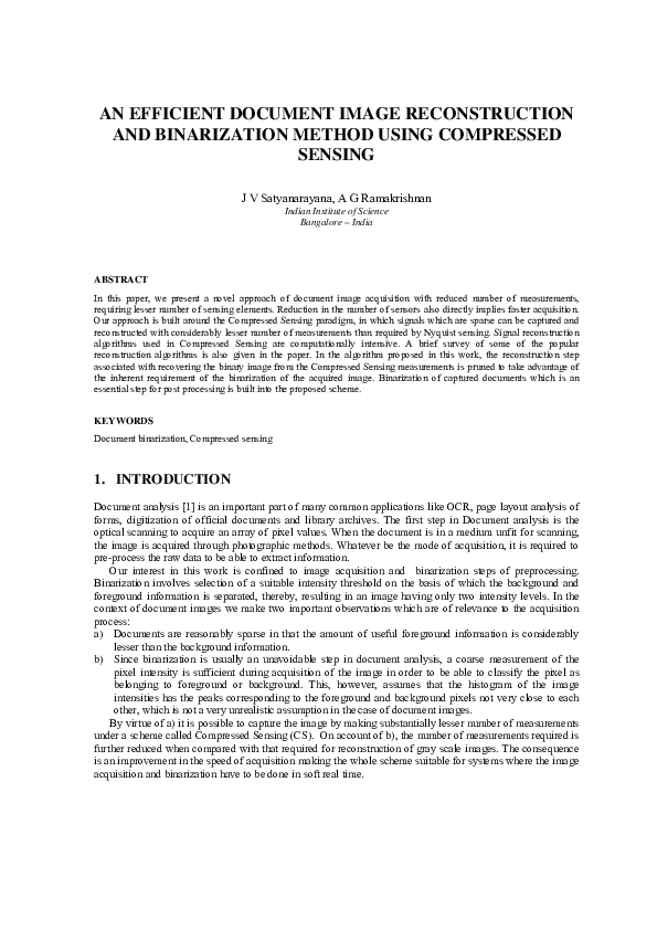 Pdf An Efficient Document Image Reconstruction And Binarization Method Using Compressed Sensing