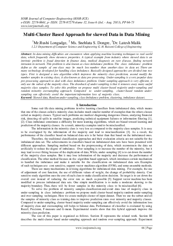 Pdf Multi Cluster Based Approach For Skewed Data In Data Mining