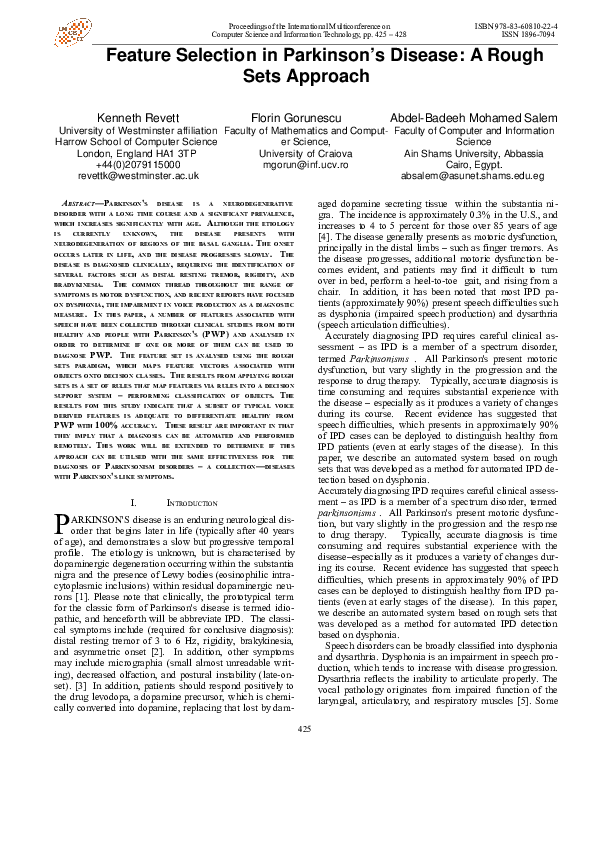 (PDF) Feature selection in Parkinson's disease: A rough sets approach