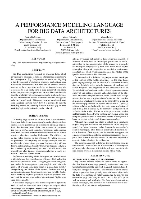 (PDF) A Performance Modeling Language For Big Data Architectures