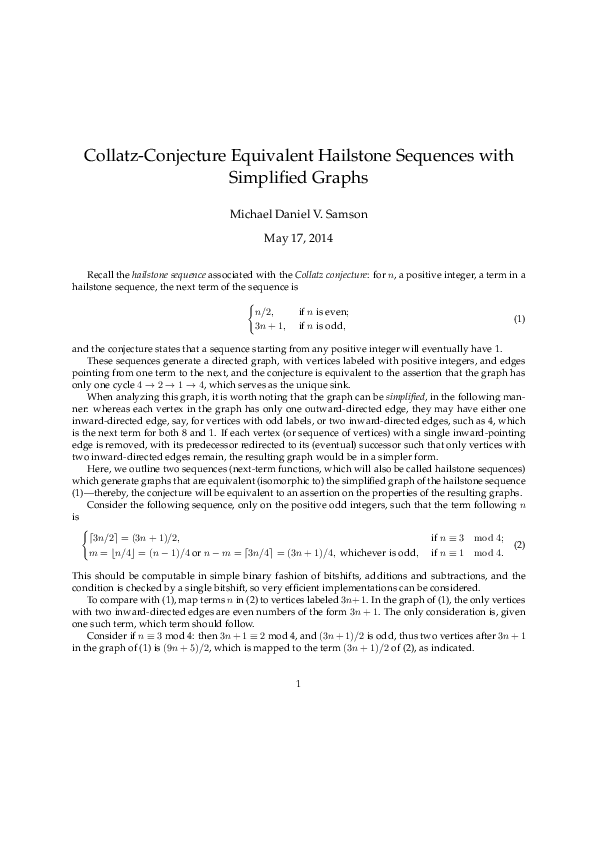 (PDF) Collatz-conjecture equivalent hailstone sequences with simplified graphs