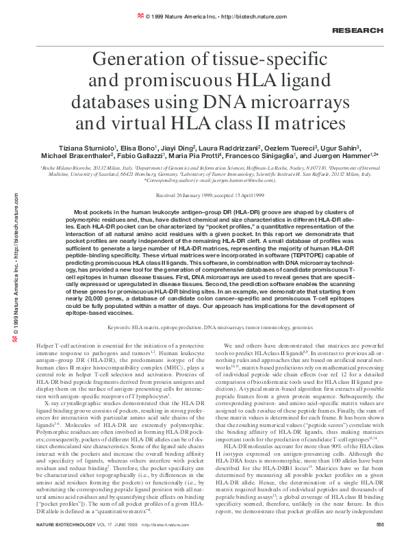 Pdf Generation Of Tissue Specific And Promiscuous Hla Ligand Databases Using Dna Microarrays 3765