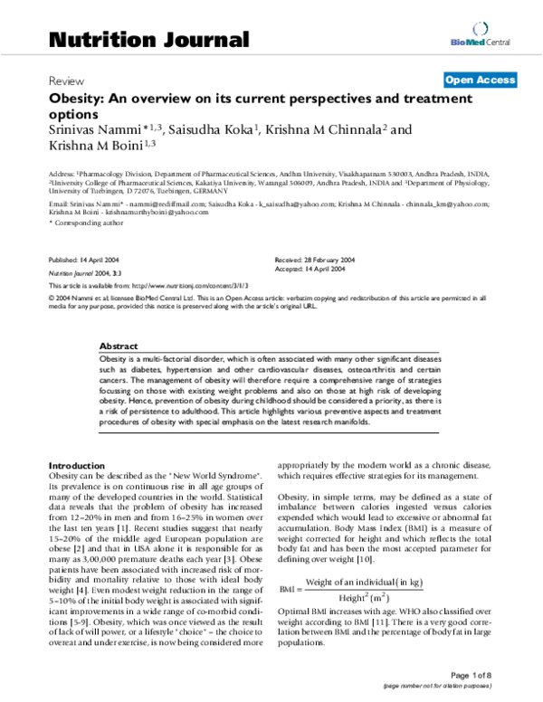 (PDF) Obesity: An overview on its current perspectives and treatment ...