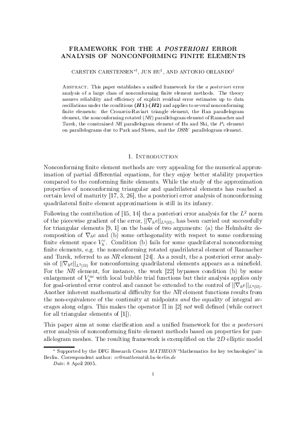 Pdf Framework For The A Posteriori Error Analysis Of Nonconforming Finite Elements Antonio