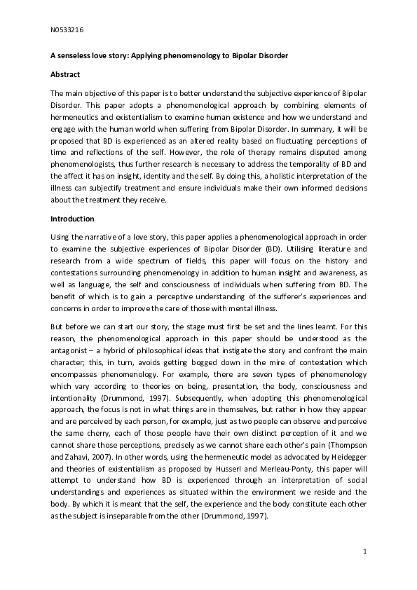 (DOC) A Senseless Love Story: Applying phenomenology to Bipolar Disorder