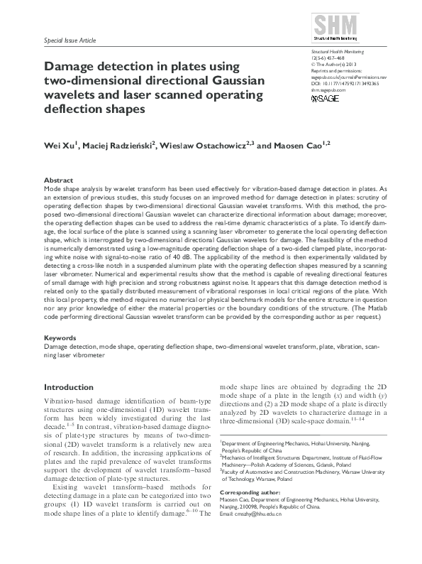 (PDF) Special Issue Article Damage detection in plates using two ...