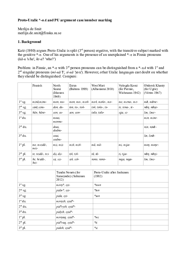 Proto-Uralic *-nA and PU argument case/number marking