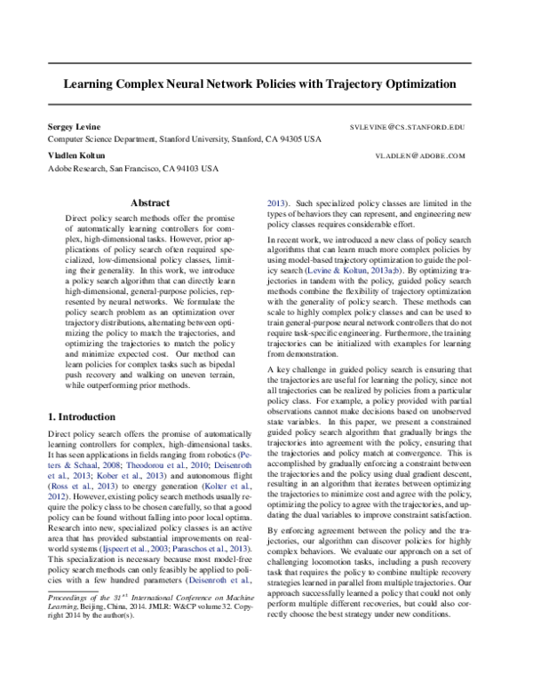 Pdf Learning Complex Neural Network Policies With Trajectory Optimization