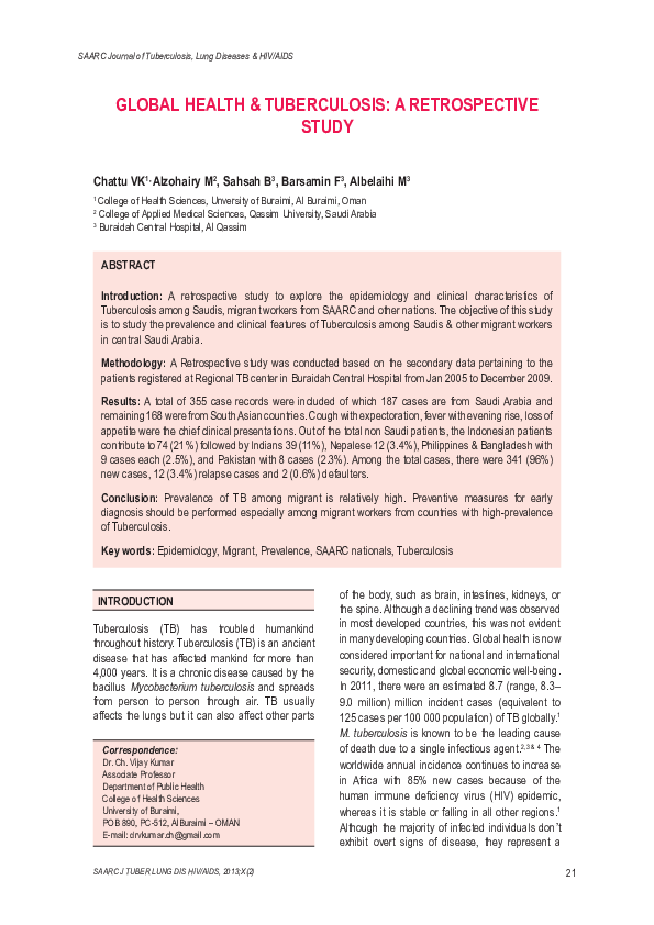 (PDF) Global Health & Tuberculosis: A Retrospective Study