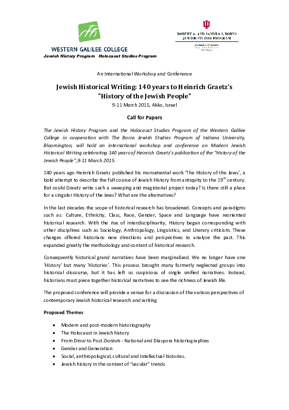 (PDF) CFP Jewish Historical Writing: 140 years to Heinrich Graetz's ...