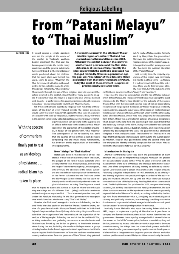 (PDF) "From 'Patani Melayu’ to ‘Thai Muslim'" | Patrick Jory - Academia.edu
