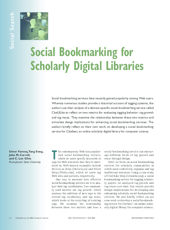 (PDF) Social Bookmarking for Scholarly Digital Libraries