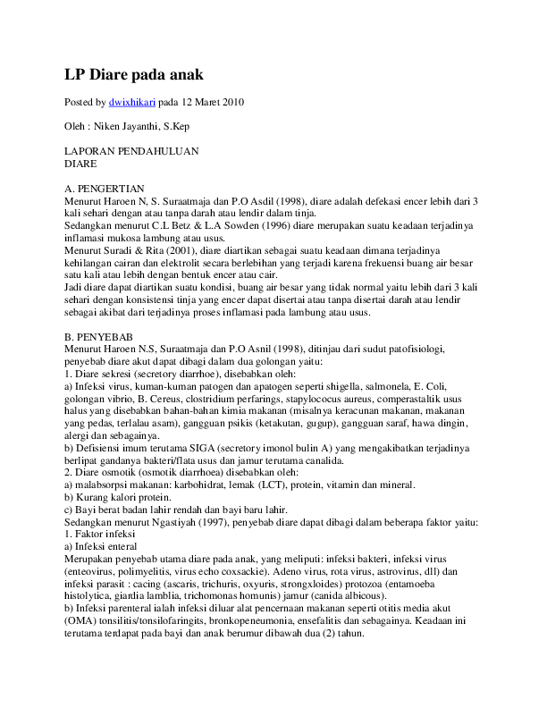 (DOC) LP Diare pada anak Posted by dwixhikari pada 12 Maret 2010 Oleh