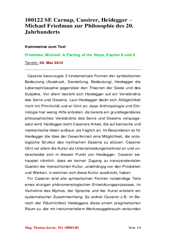 (PDF) Micheal Friedman: Carnap, Cassirer Heidegger - geteilte Wege ...