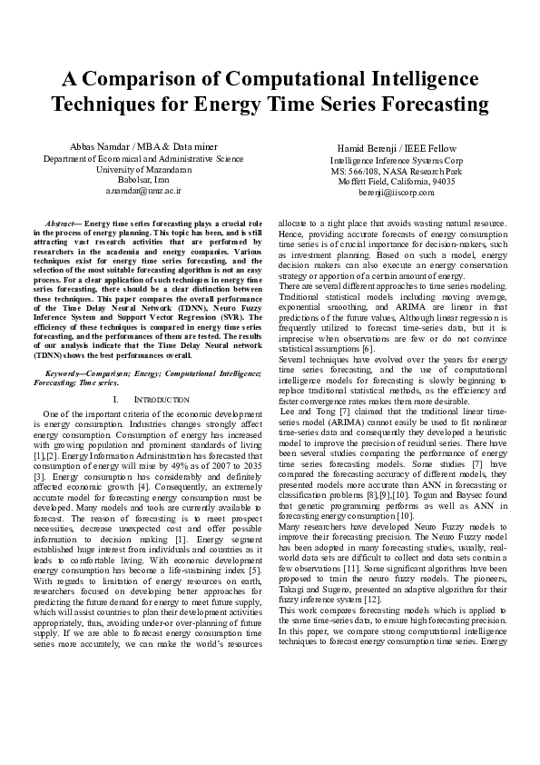 (PDF) A Comparison of Computational Intelligence Techniques for Energy Time Series Forecasting