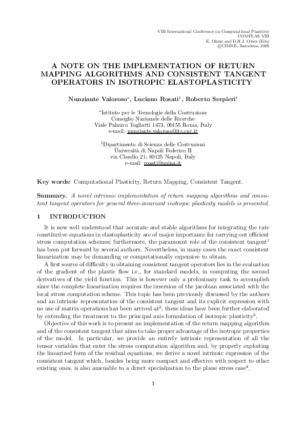 Pdf A Note On The Implementation Of Return Mapping Algorithms And Consistent Tangent Operators 8985
