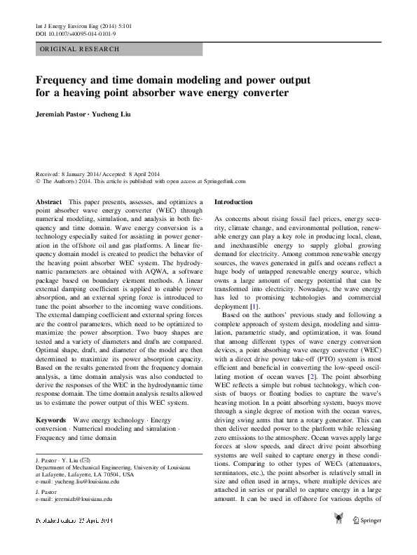 Pdf Frequency And Time Domain Modeling And Power Output For A Heaving Point Absorber Wave
