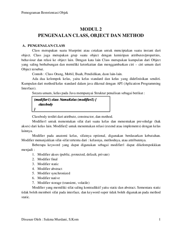 Pdf Pemograman Berorientasi Objek Modul 2 Pengenalan Class Object Dan Method