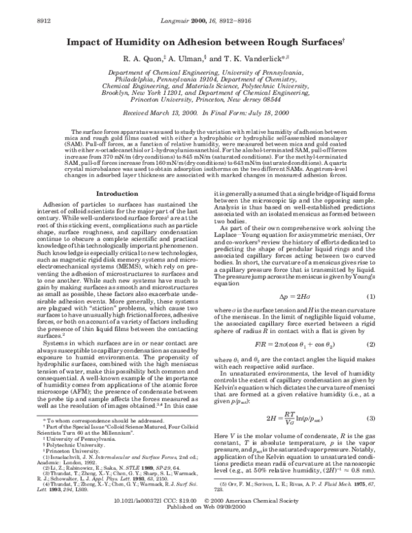 Pdf Impact Of Humidity On Adhesion Between Rough Surfaces