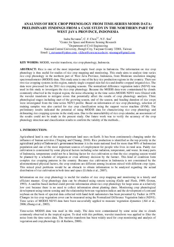 Pdf Analysis Of Rice Crop Phenology From Time Series Modis Data Preliminary Findings From A