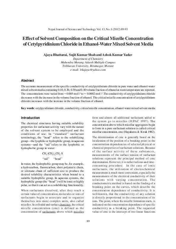 Pdf Effect Of Solvent Composition On The Critical Micelle