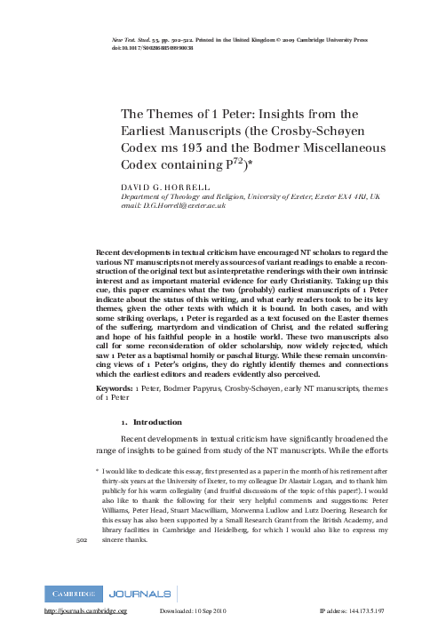 (PDF) The Themes of 1 Peter: Insights from the Earliest Manuscripts ...