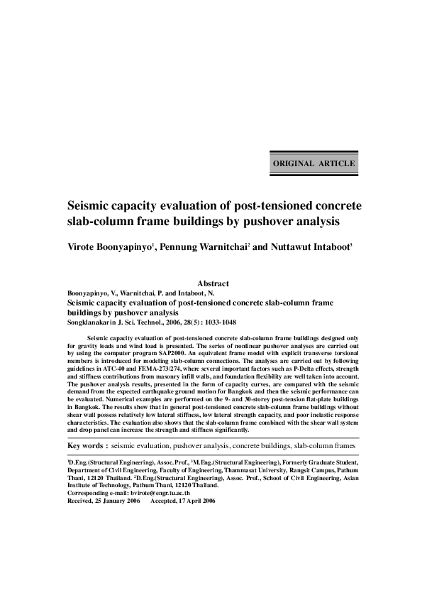 Pdf Pushover Analysis Of Seismic Capacity In Pt Slab Column Frames