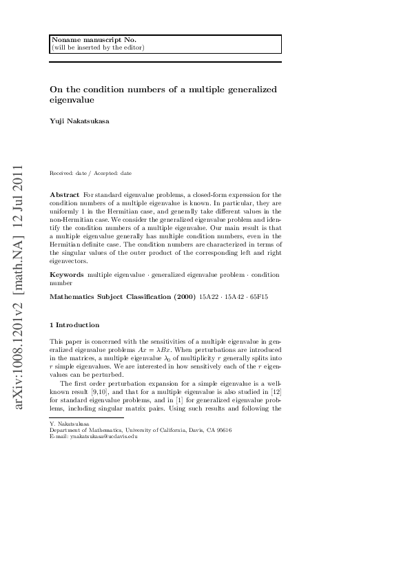 (PDF) A multiple generalized eigenvalue has different condition numbers