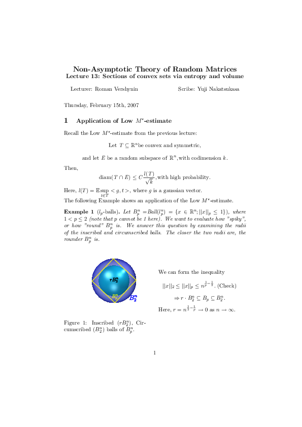 (PDF) Non-Asymptotic Theory of Random Matrices Lecture 13: Sections of convex sets via entropy ...