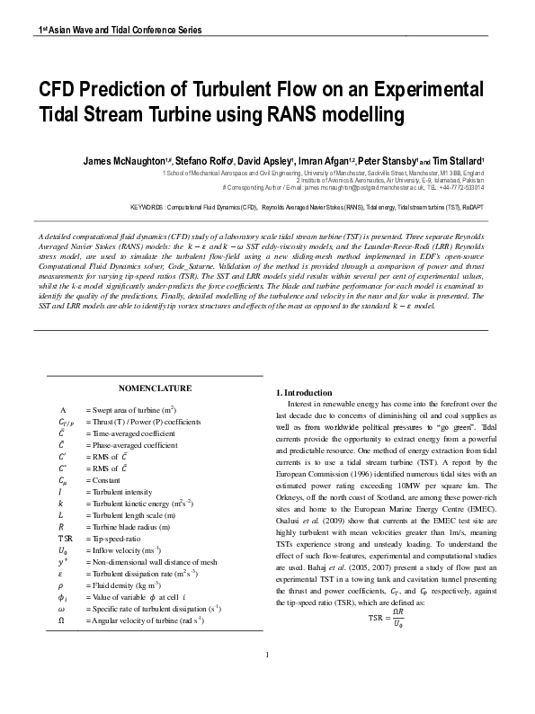 Pdf Cfd Prediction Of Turbulent Flow On An Experimental Tidal Stream