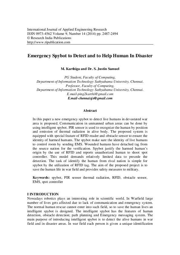 Emergency Spybot to Detect and to Help Human In Disaster