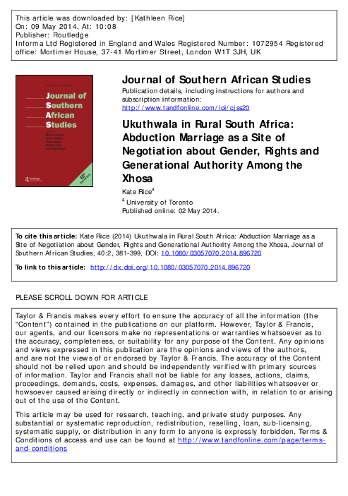 (PDF) Ukuthwala in Rural South Africa: Abduction Marriage as a Site of ...