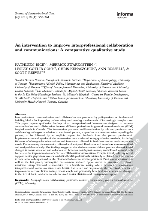 (PDF) An intervention to improve interprofessional collaboration and communication : A ...