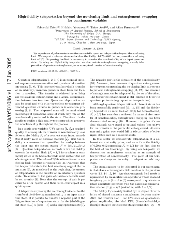 (PDF) High-Fidelity Teleportation beyond the No-Cloning Limit and Entanglement Swapping for ...