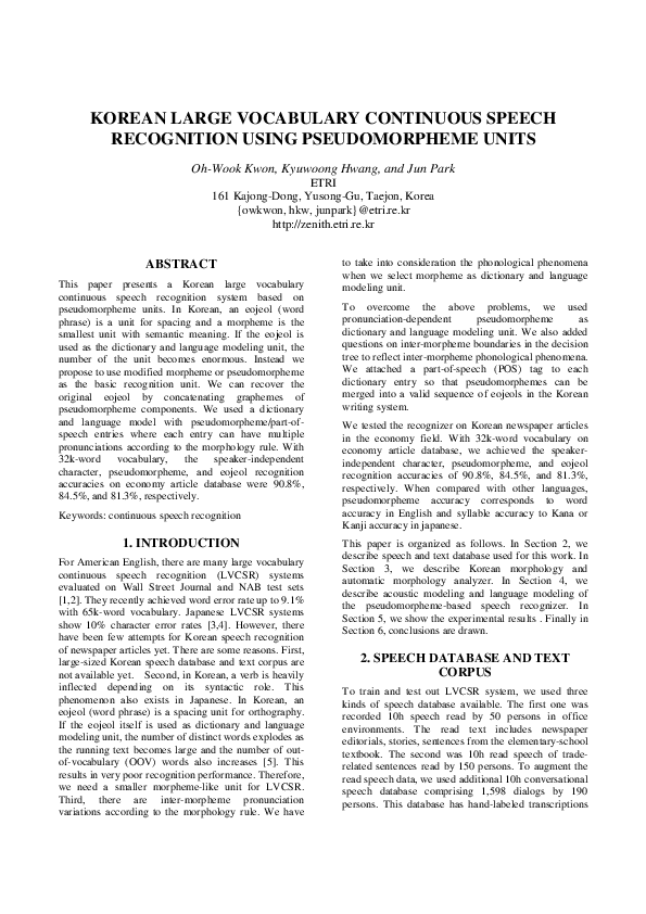 (PDF) Korean large vocabulary continuous speech recognition using pseudomorpheme units